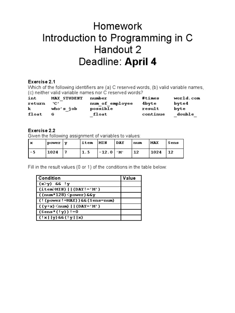 Homework Introduction To Programming in C Handout 2 Deadline: April 4 ...