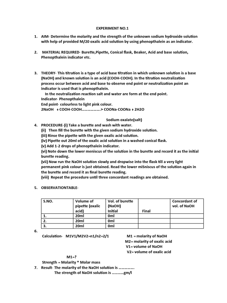 Class 11 Titration Practical Guide | PDF | Chemistry | Titration