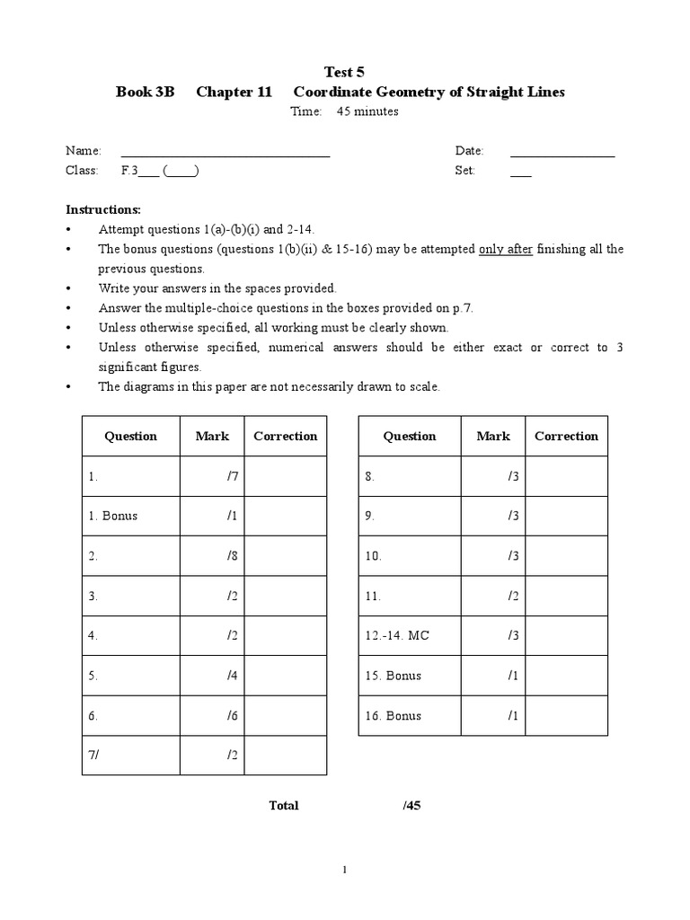 Coordinate Geometry of Straight Lines Test Solution | PDF | Line ...