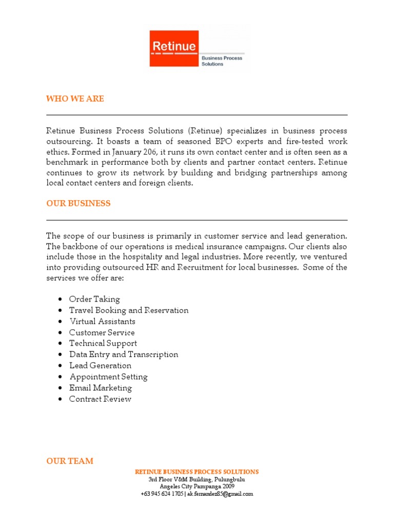 Retinue Business Process Solutions Overview | PDF | Outsourcing | Computing