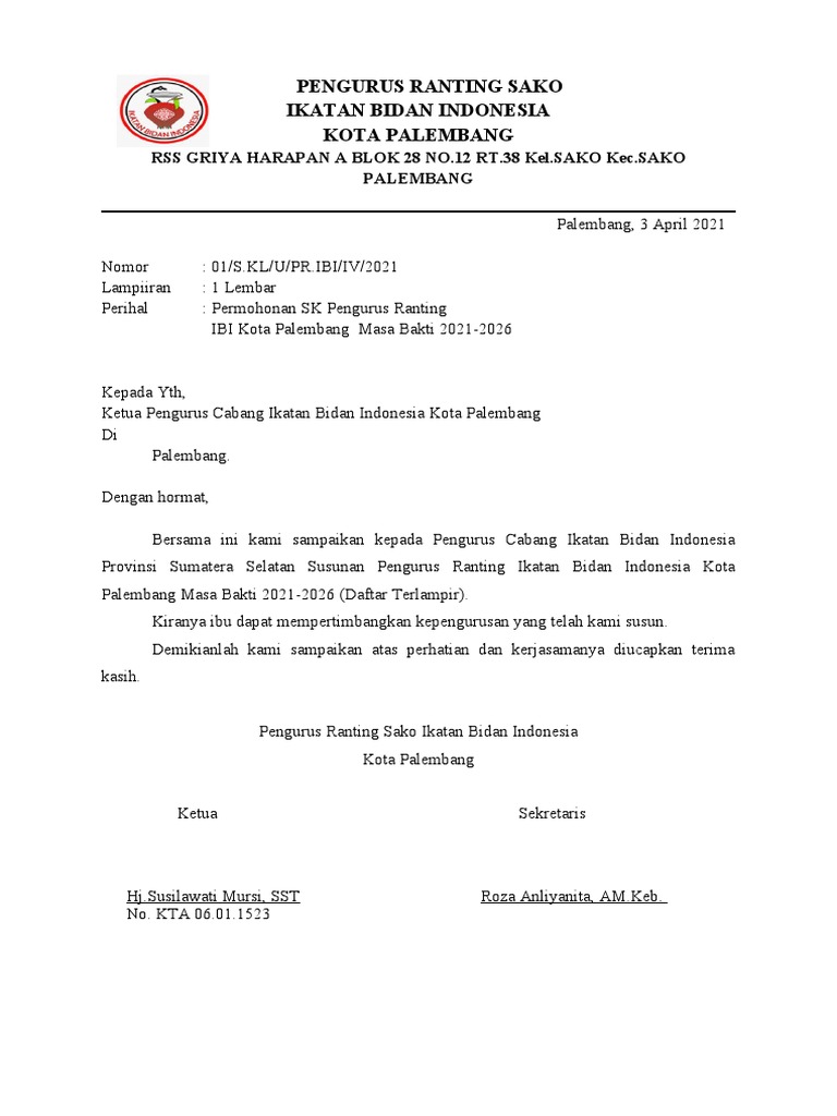 Surat Permohonan SK Kepengurusan Ranting SAKO 2021-2026 | PDF