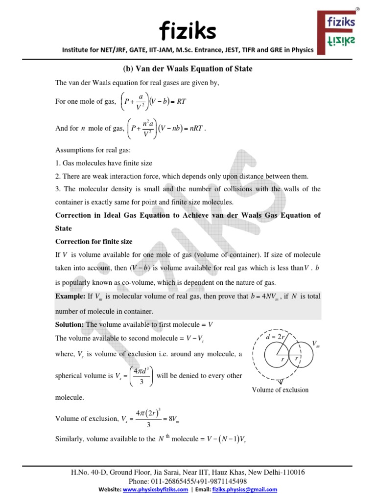 (B) Van Der Waals Equation of State | PDF | Gases | Thermodynamics