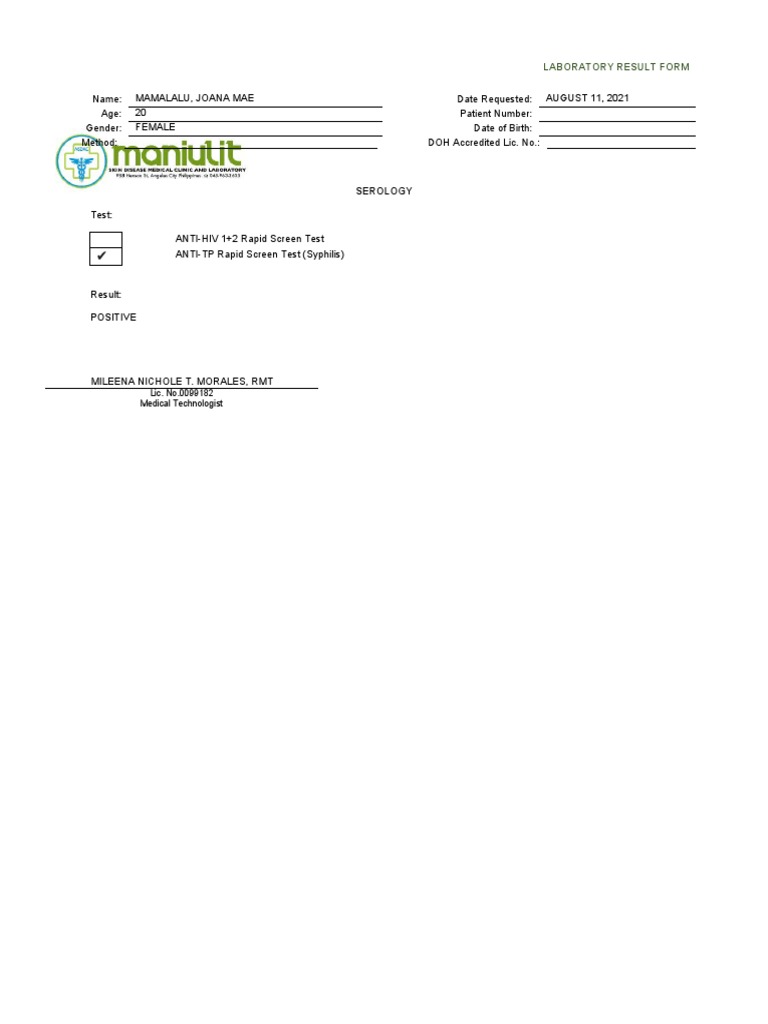 (Serology) Laboratory Result Form | PDF | Self-Improvement | Wellness
