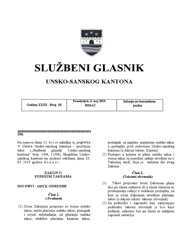 Zakon o Sudskim Taksama USK - Službeni Glasnik USK 10-19 | PDF