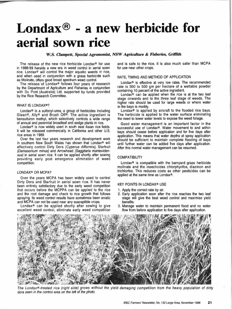 Londax® - A New Herbicide For Aerial Sown Rice: W.S. NSW & | PDF ...