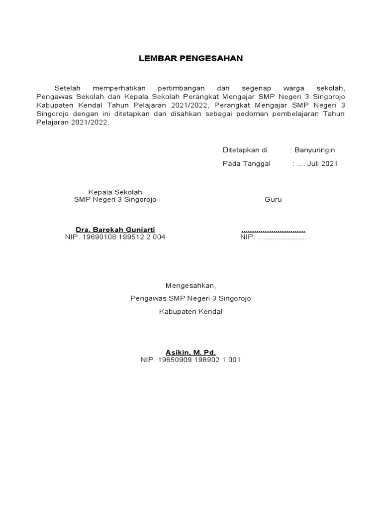 Lembar Pengesahan Perangkat Pembelajaran | PDF