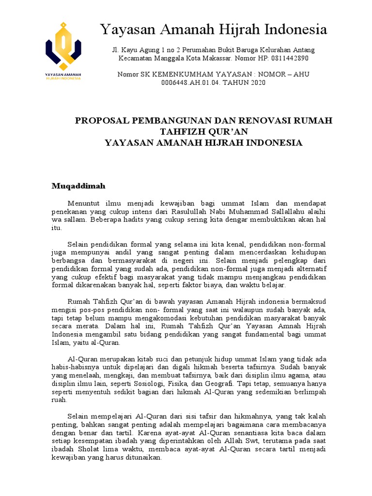 Proposal Pendirian Rumah Tahfizh Qur An | PDF