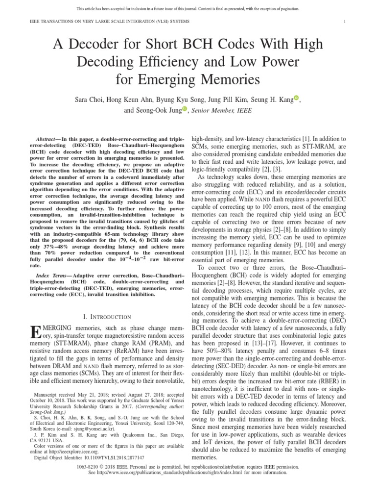 A Decoder For Short BCH Codes With High Decoding Efficiency and Low Power For Emerging Memories ...