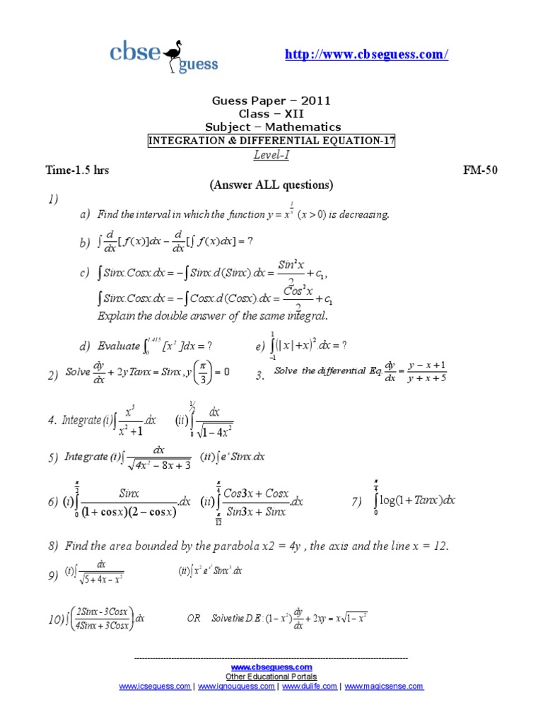 Level-I: Time-1.5 Hrs FM-50 (Answer ALL Questions) | PDF | Integral ...