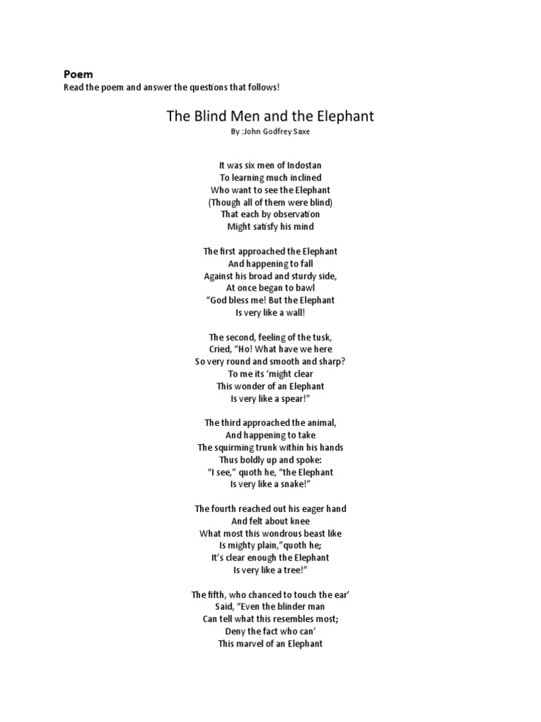 The Blind Men and The Elephant: By:John Godfrey Saxe | PDF | Poetry ...
