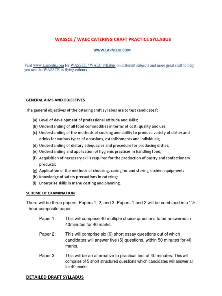 WASSCE WAEC Catering Craft Practice Syllabus | PDF | Foods | Meal
