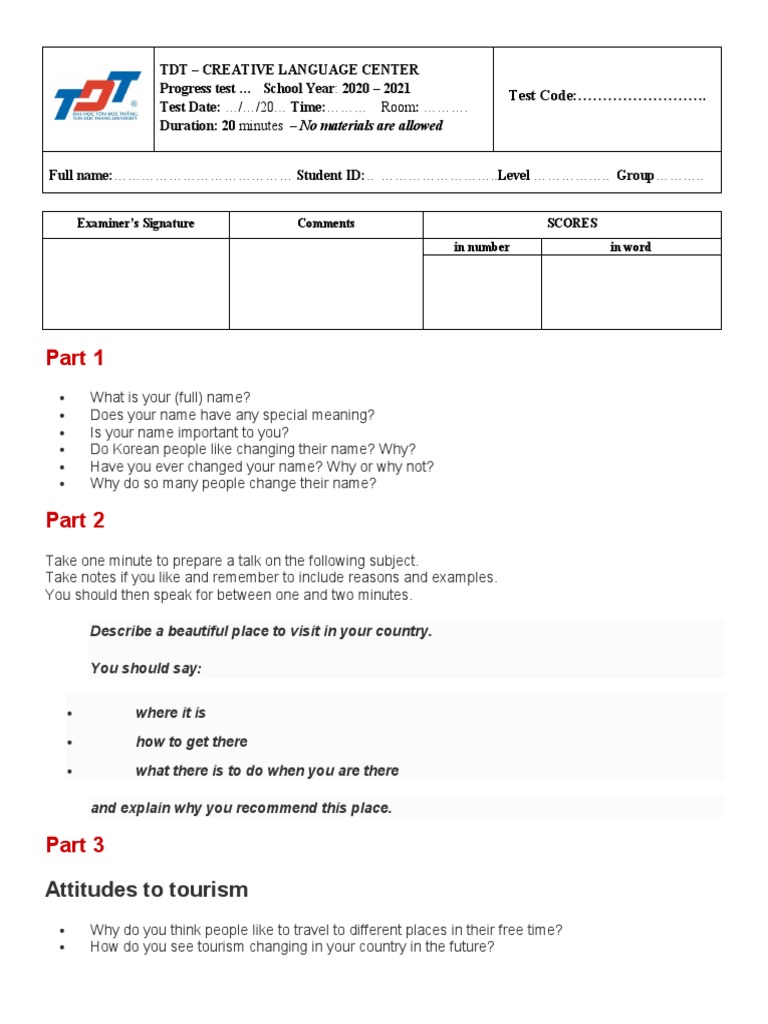 (001512) English 2 Speaking Test Sample | PDF