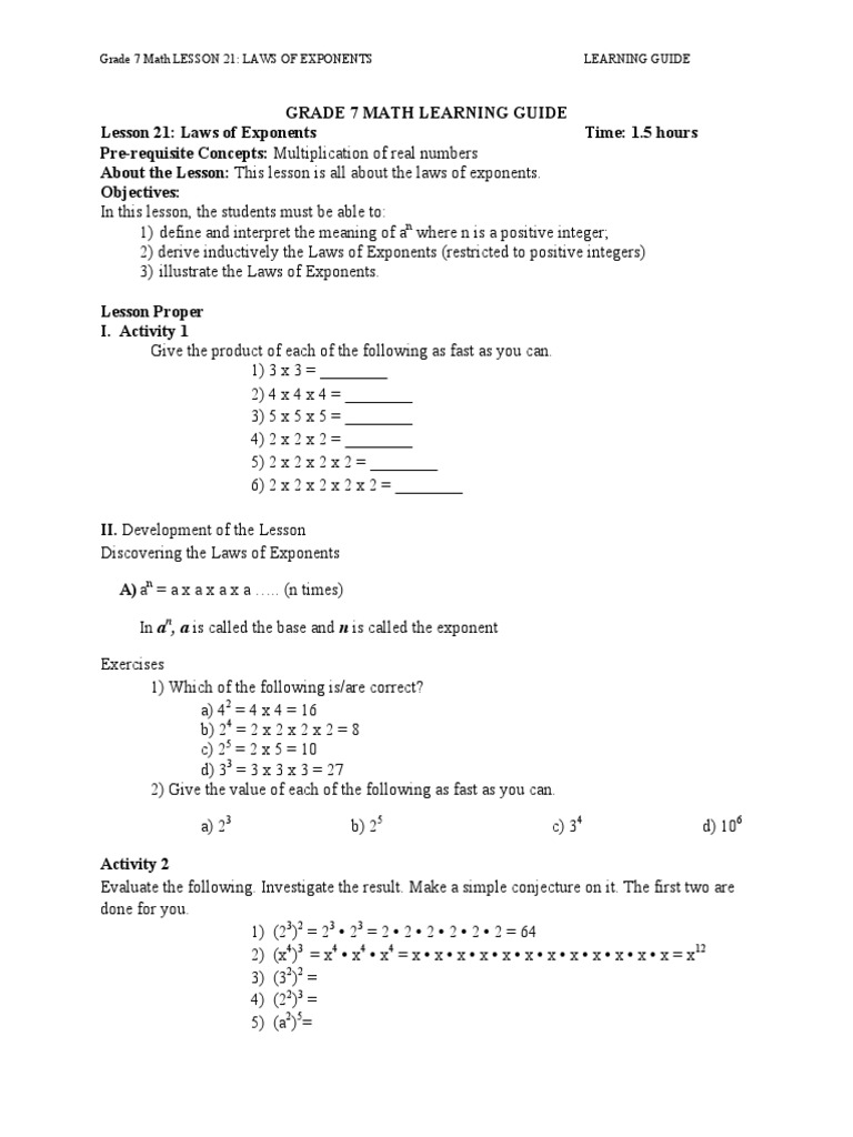 A Is Called The Base and N Is Called The Exponent: Grade 7 Math Lesson ...