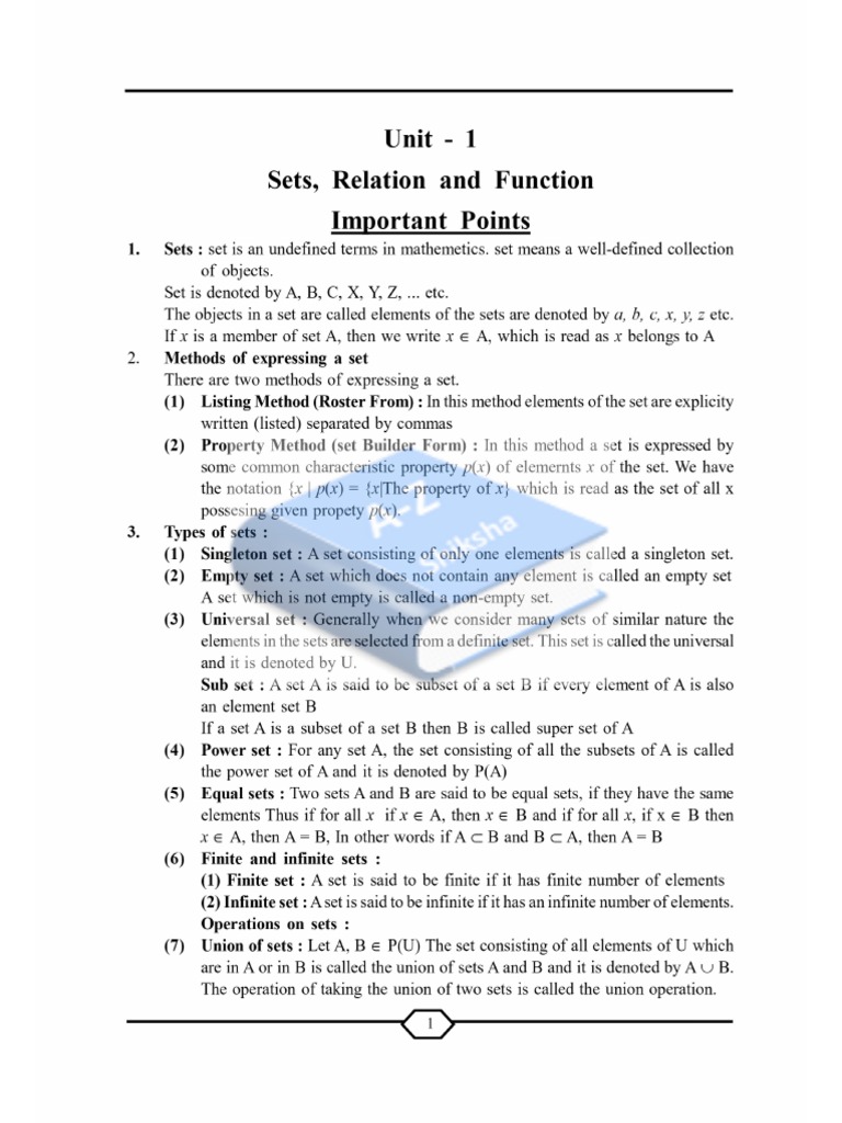 Sets Relations and Functions One Mark | PDF