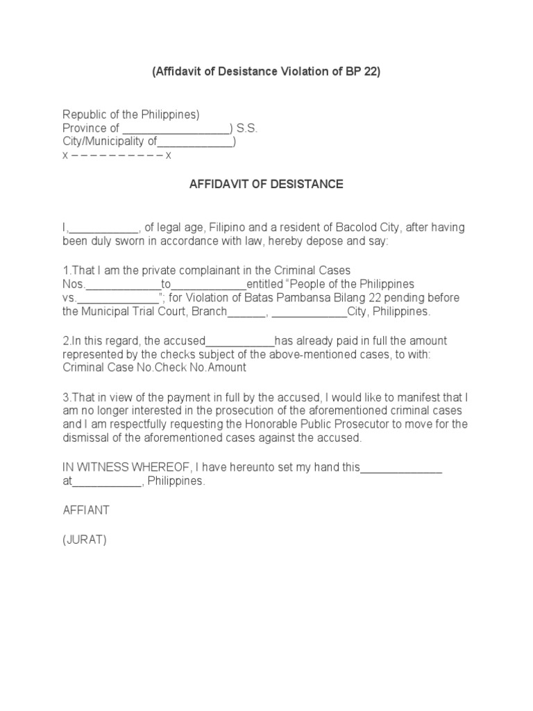 Affidavit of Desistance Violation of BP 22 | PDF