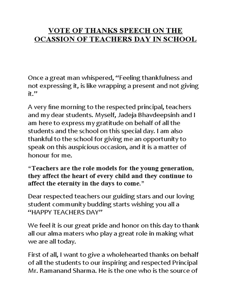 Vote of Thanks Speech On The Ocassion of Teachers Day in School | PDF