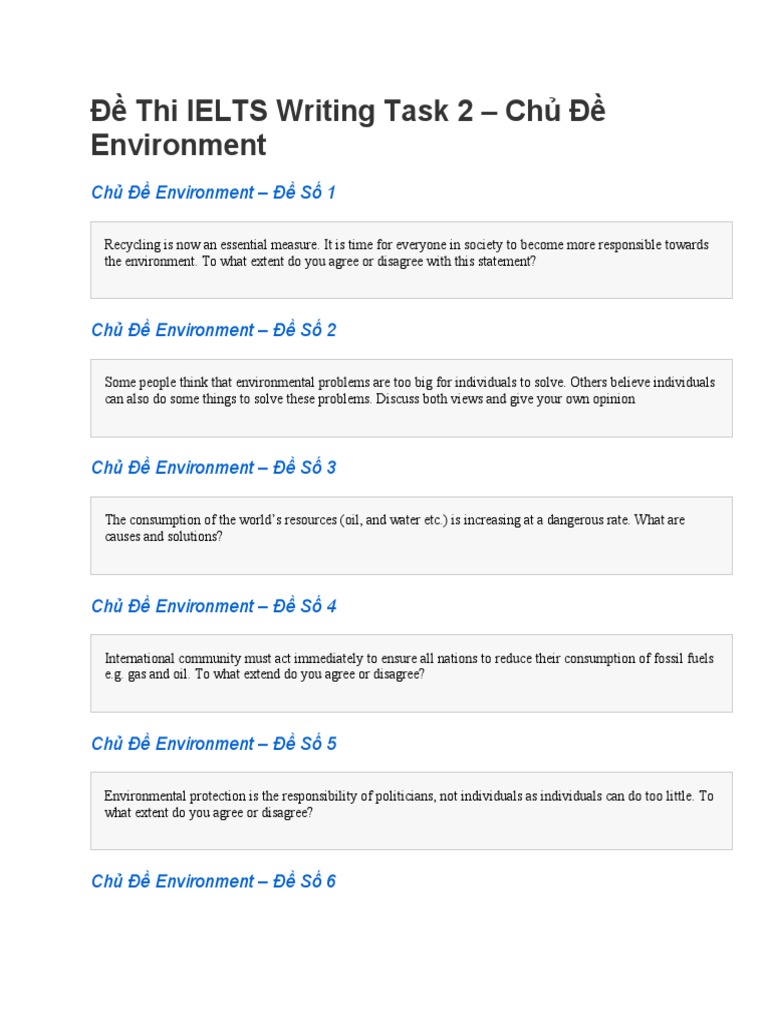 Đề Thi IELTS Writing Task 2 - Chủ Đề Environment | PDF | Tourism ...
