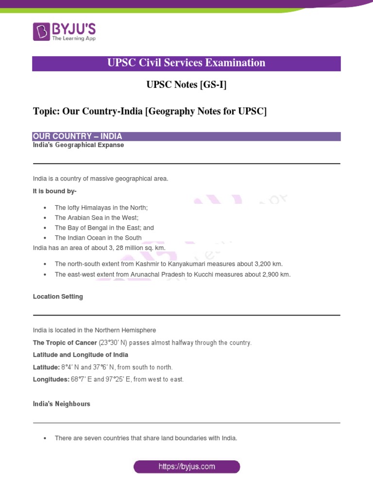 UPSC Civil Services Examination: UPSC Notes (GS-I) Topic: Our Country ...