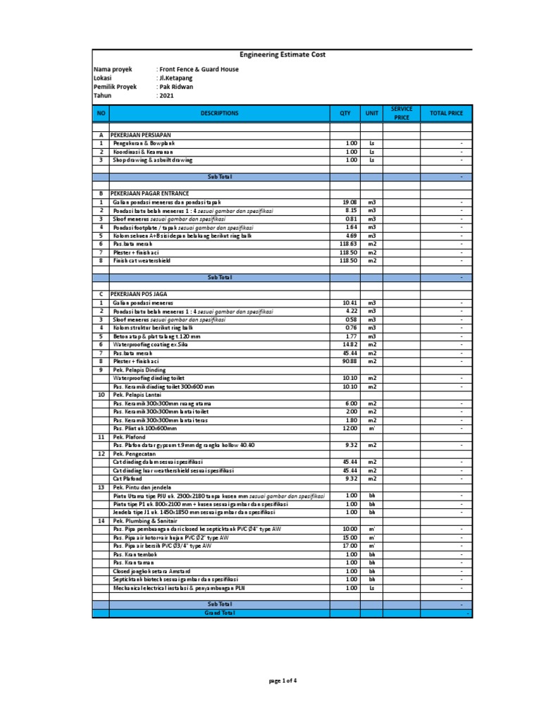 20 - Engineering Estimate Cost Front Fence & Guard House Jasa | PDF