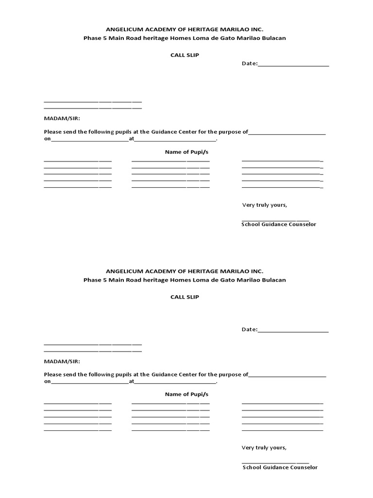 Guidance Call Slip for Angelicum Academy | PDF