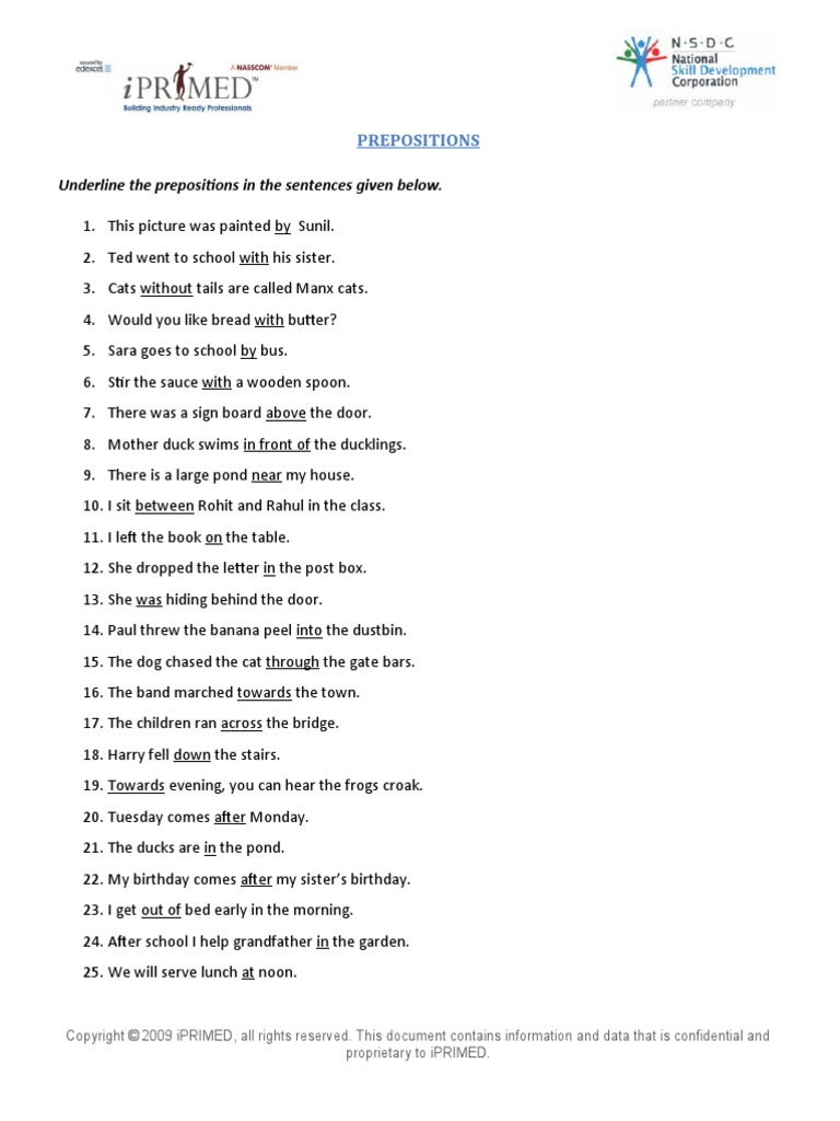 Underline The Prepositions in The Sentences Given Below | PDF