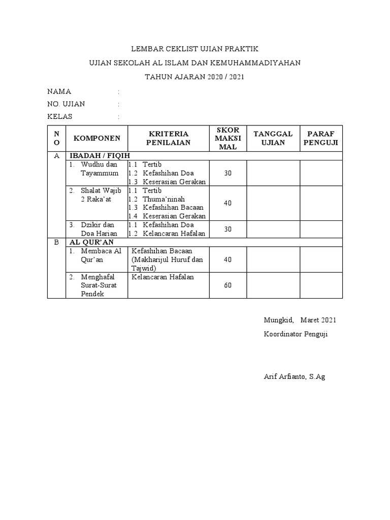 Lembar Penilaian Ujian Praktik Aik 2021 | PDF