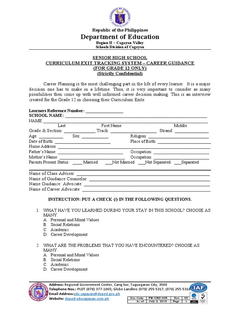 Senior High School Curriculum Exit Survey | PDF | Curriculum | College