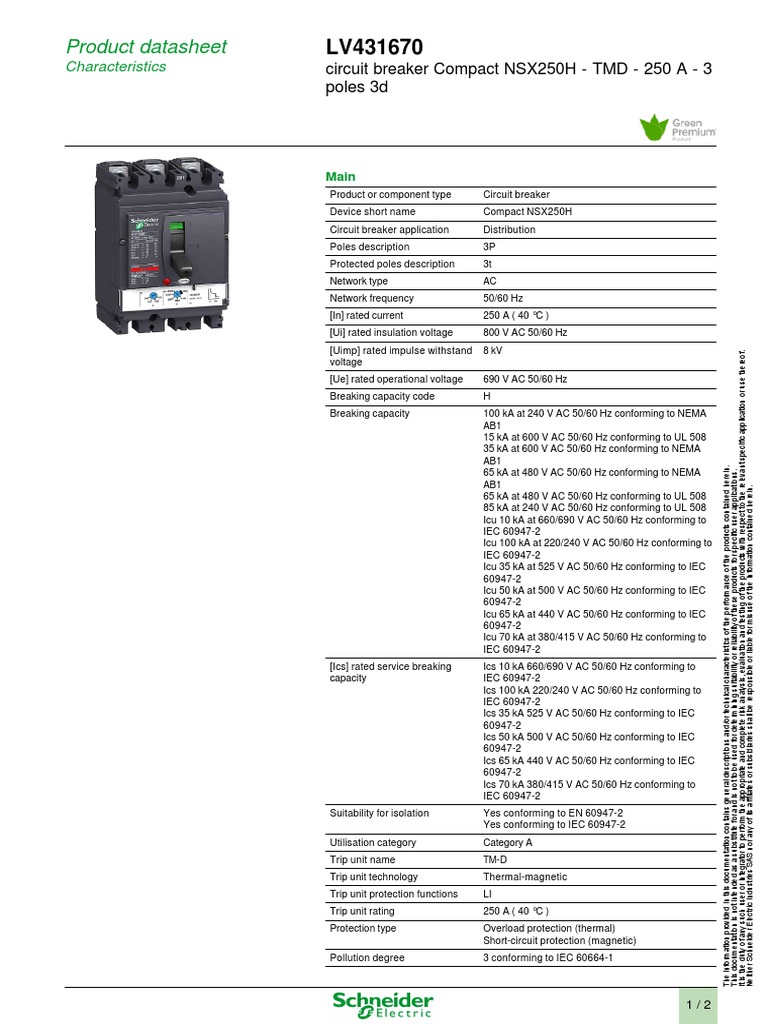 Compact NSX250H Three-Pole 250 Amp Circuit Breaker Datasheet: Technical ...