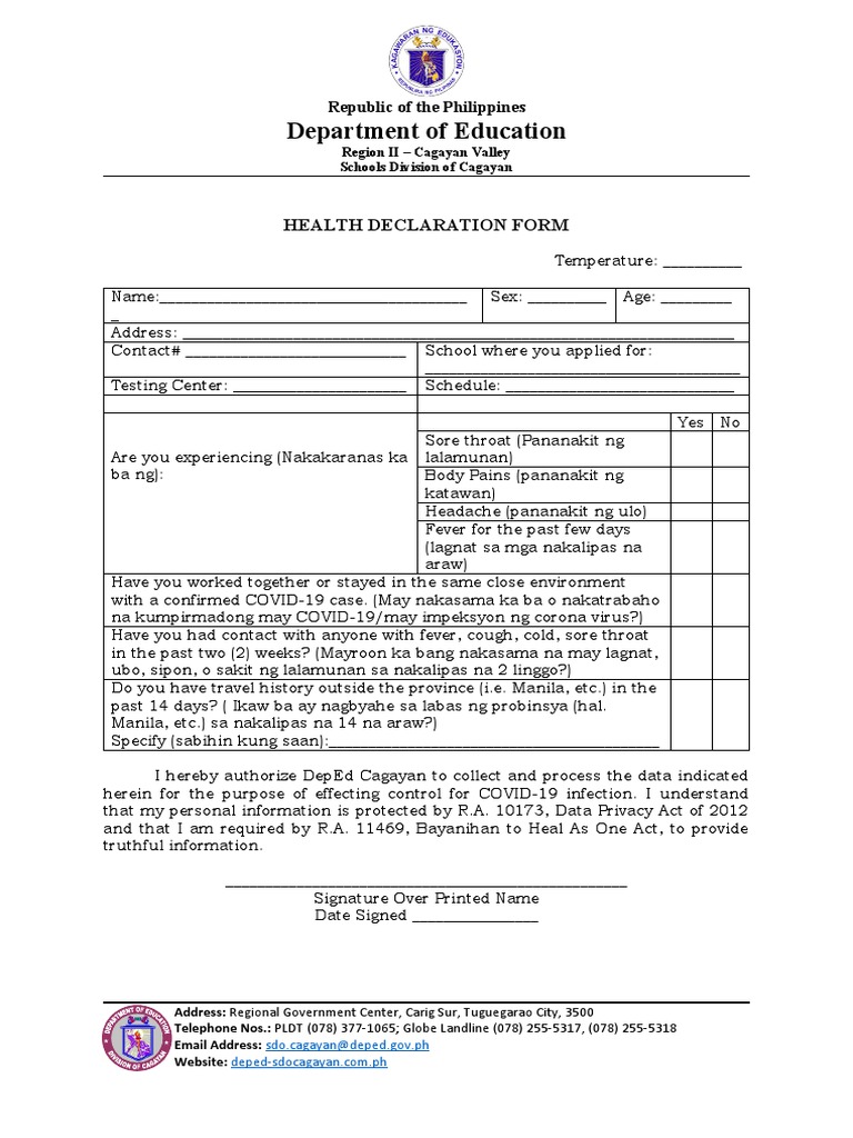 Department of Education: Health Declaration Form | PDF | Medical ...