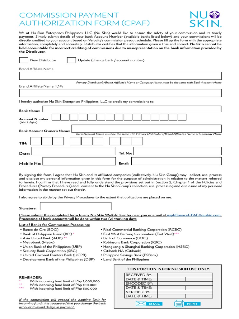 Commission Payment Authorization Form (Cpaf) : Date: Mobile No ...