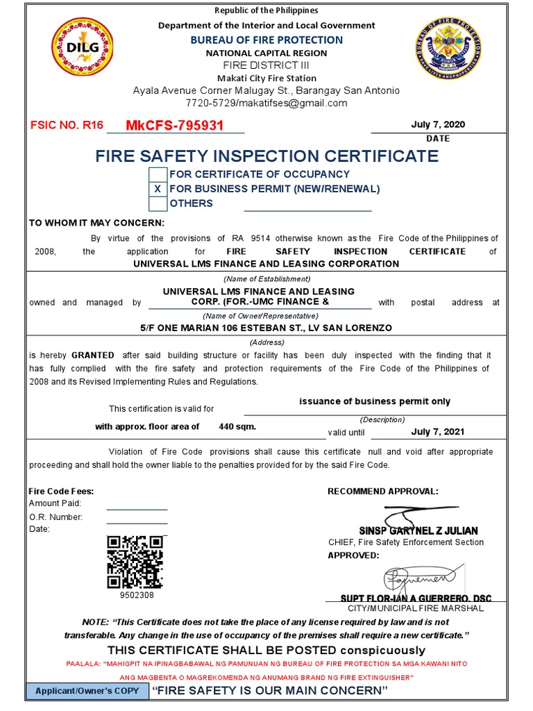 Fire Safety Inspection Certificate Philippines | PDF | Fire Safety ...