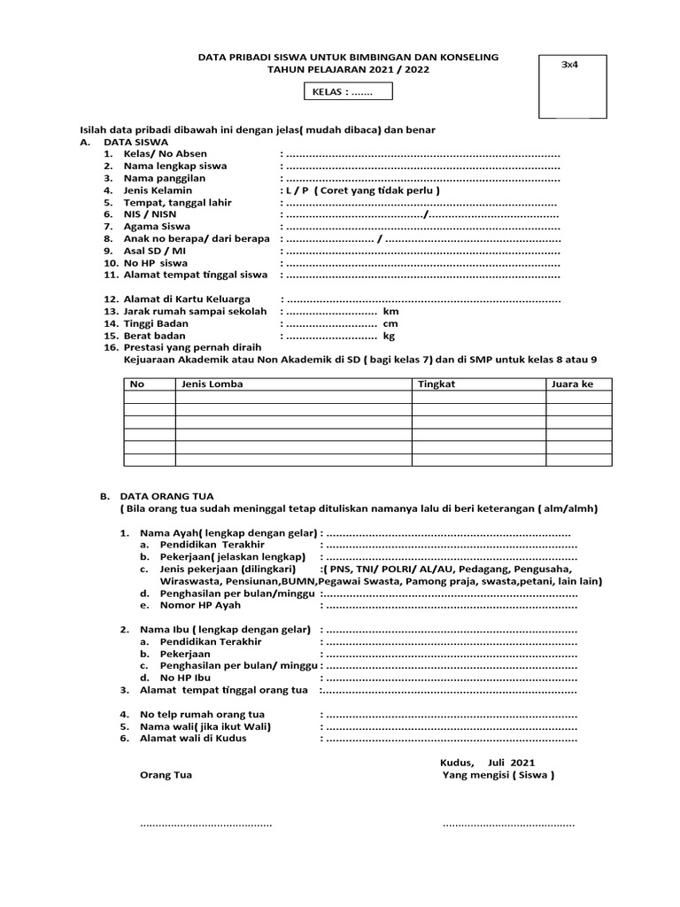 Data - Pribadi - Siswa - Untuk - BK Kelas 8 | PDF