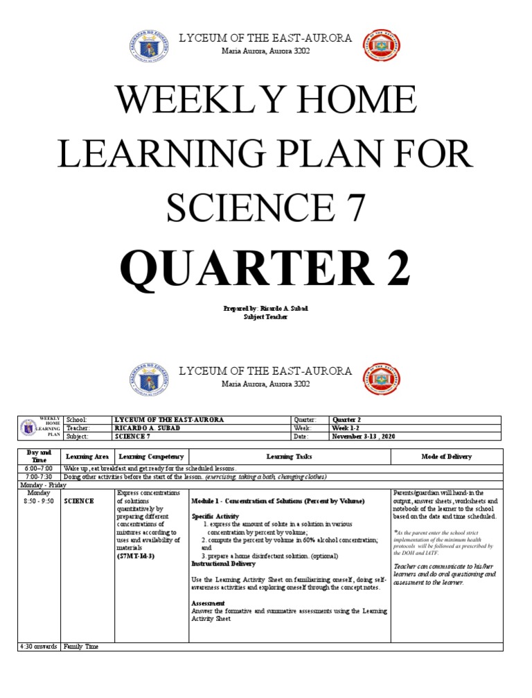 Weekly Home Learning Plan For Science 7: Quarter 2 | PDF ...
