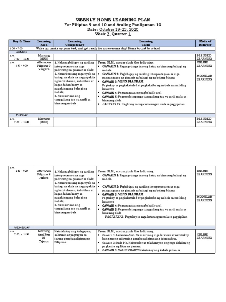Weekly Home Learning Plan FILIPINO | PDF