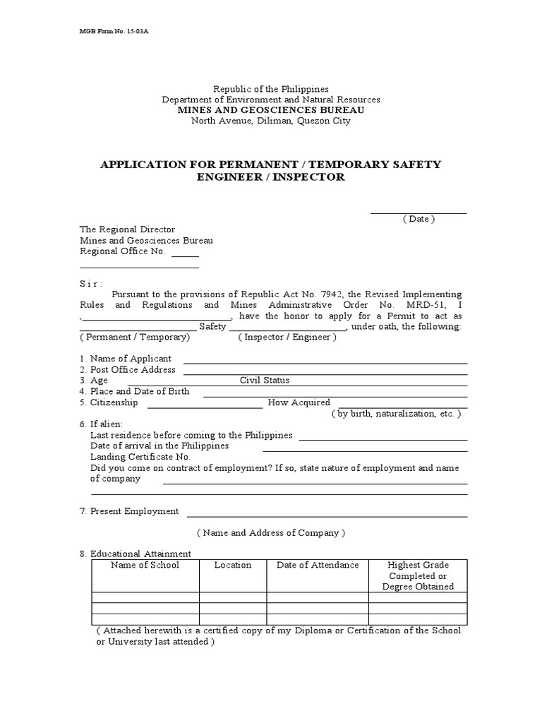 Application For Permanent / Temporary Safety Engineer / Inspector | PDF ...