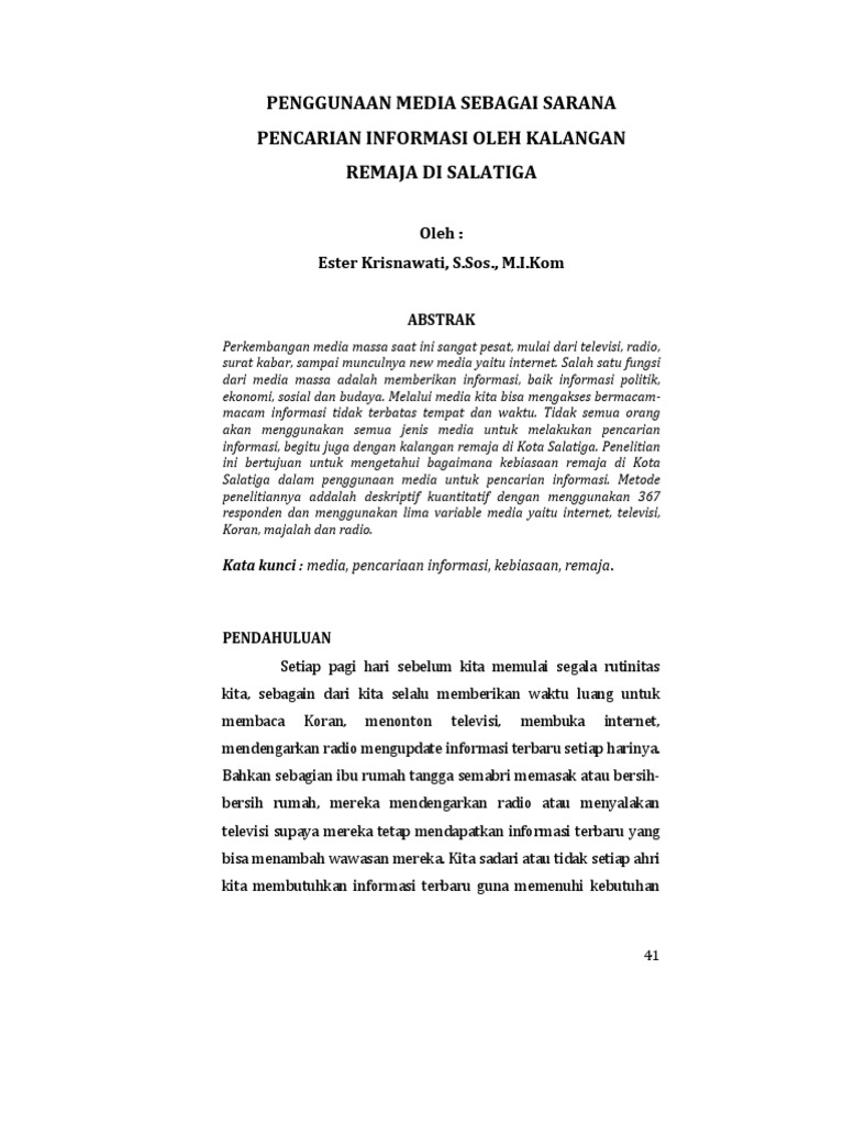 Penggunaan Media Sebagai Sarana Pencarian Informasi Oleh Kalangan Remaja Di Salatiga | PDF ...