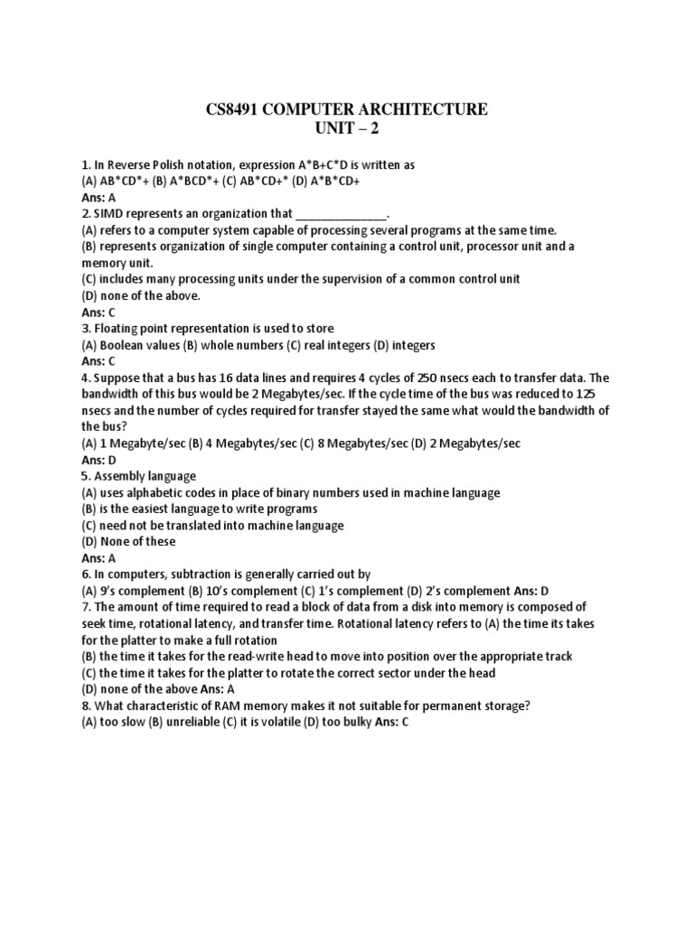 CS8491 COMPUTER ARCHITECTURE QUIZ | PDF | Random Access Memory | Computer Data Storage