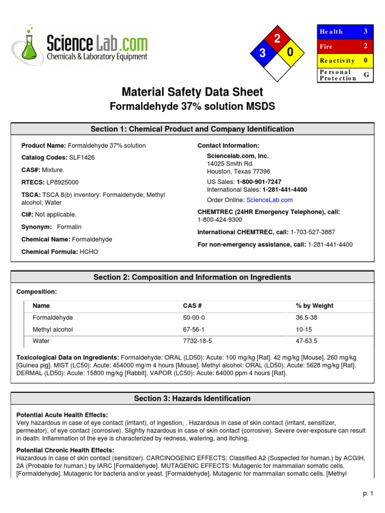 Formaldehyde 37% Solution MSDS: Section 1: Chemical Product and Company ...