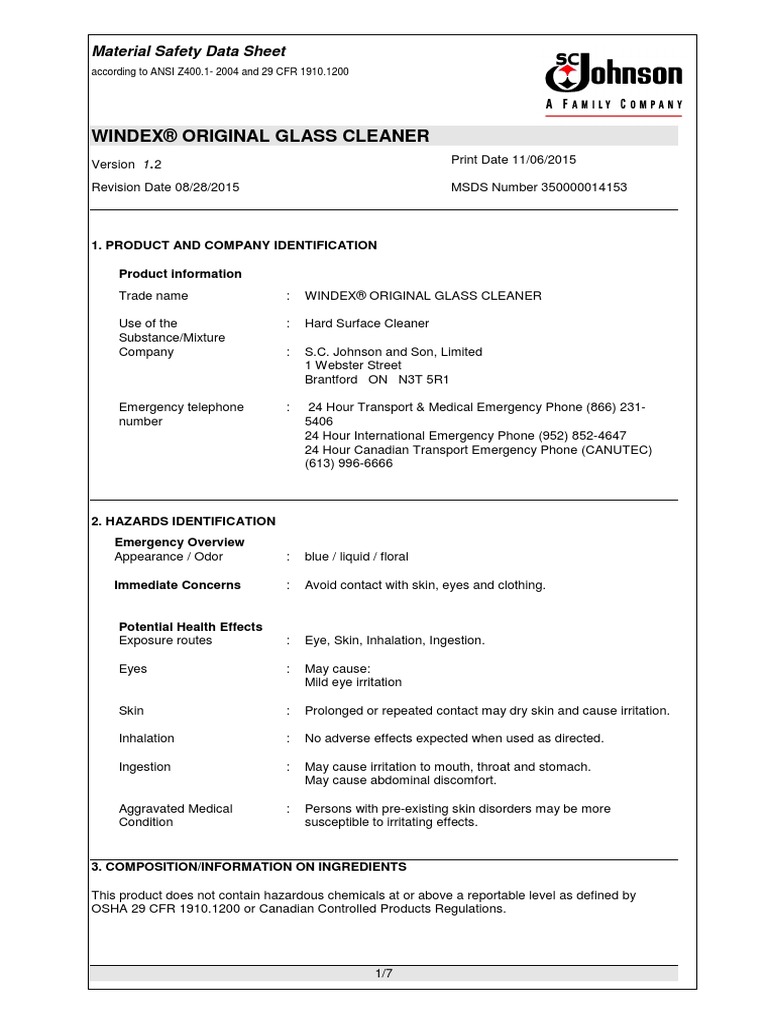 Msds Glass Cleaner | Descargar gratis PDF | Chemistry | Occupational ...