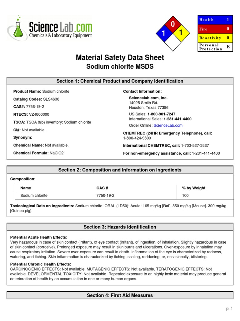 Msds Sodium Hypochlorite (Bayclin) | PDF | Toxicity | Physical Sciences