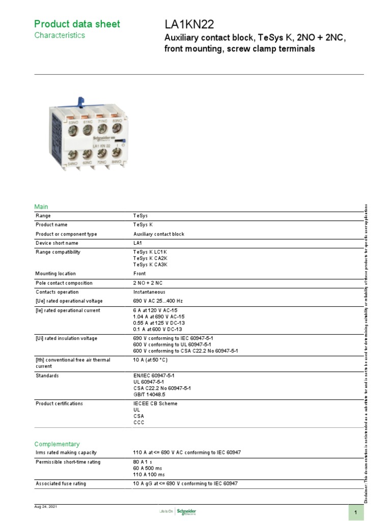 TeSys K - LA1KN22 | PDF | Electrical Engineering | Manufactured Goods