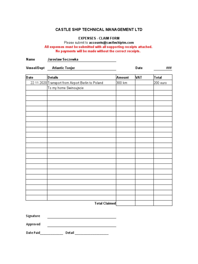 Castle Ship Technical Management LTD: Expenses - Claim Form | PDF