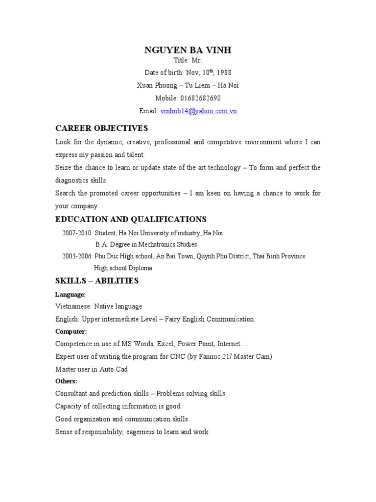 Nguyen Ba Vinh - Mechatronics Graduate Resume | PDF