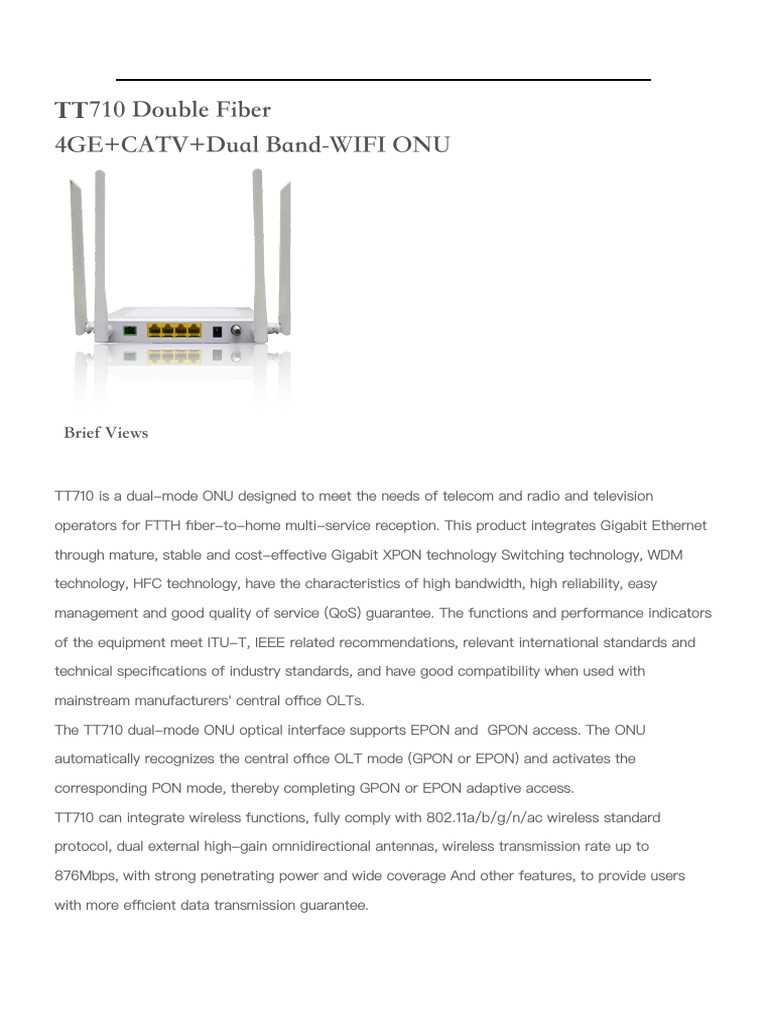 TT710 (4GE+CATV+2WIFI xPON ONU) Datasheet-V1.0 | PDF | Wi Fi | Internet ...