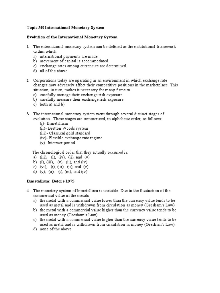 Topic 3B MC Questions - International Monetary System | PDF | Gold ...