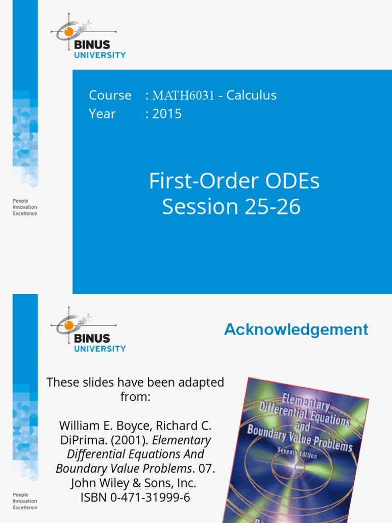 First-Order Odes Session 25-26: Course: Math6031 - Calculus Year: 2015 ...