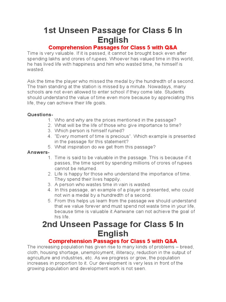 1st Unseen Passage For Class 5 in English | PDF | Conversation