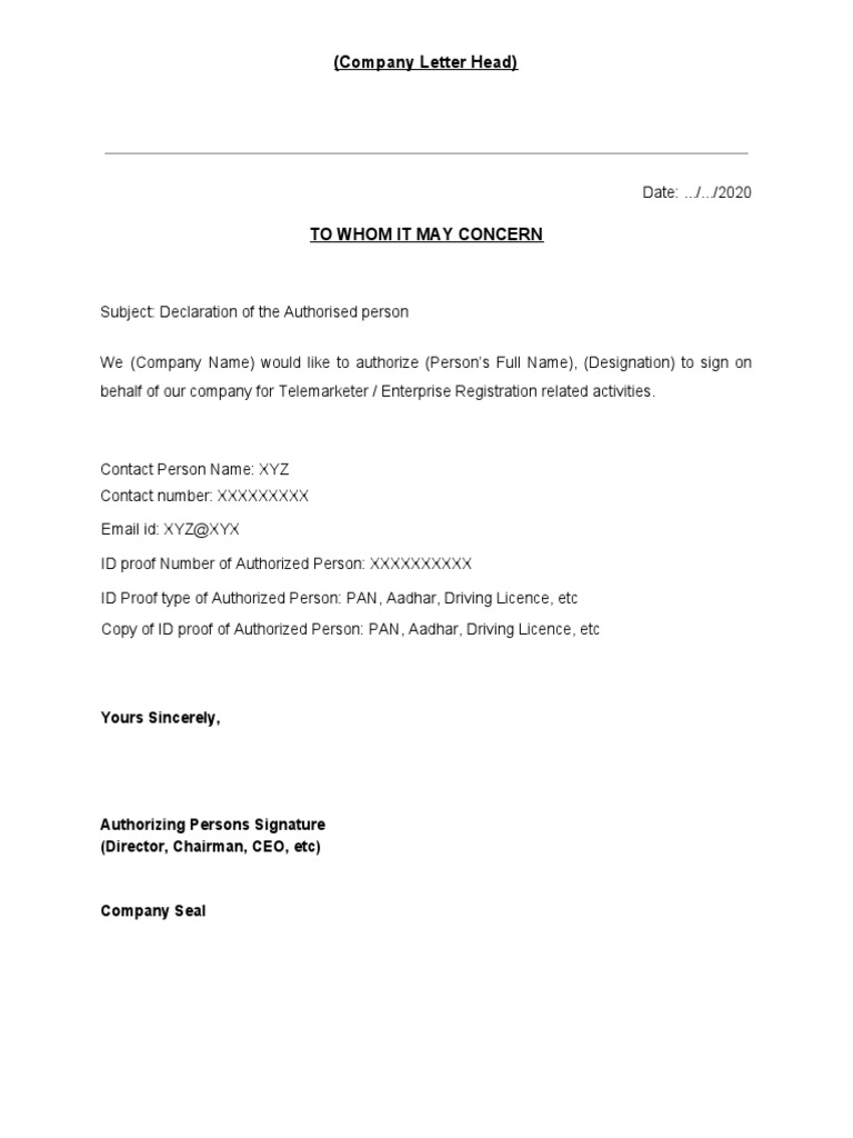 Sample Authorization Letter For Entity or TeleMarketing Registration | PDF