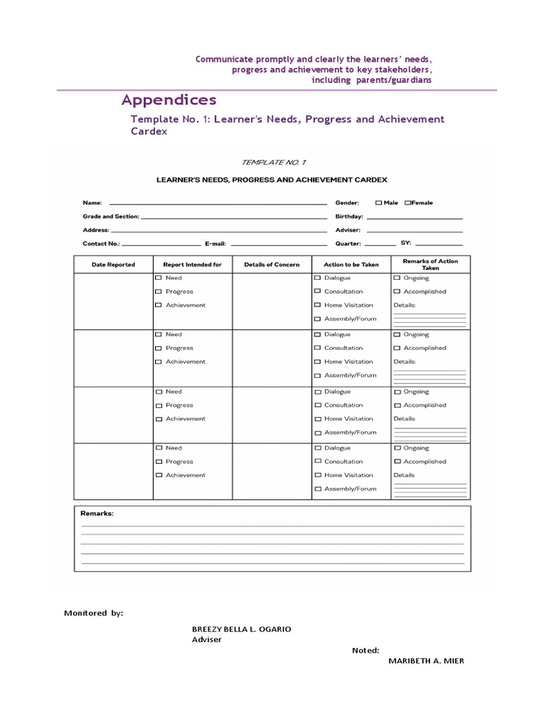 Appendices: Template No. 1: Learner's Needs, Progress and Achievement ...