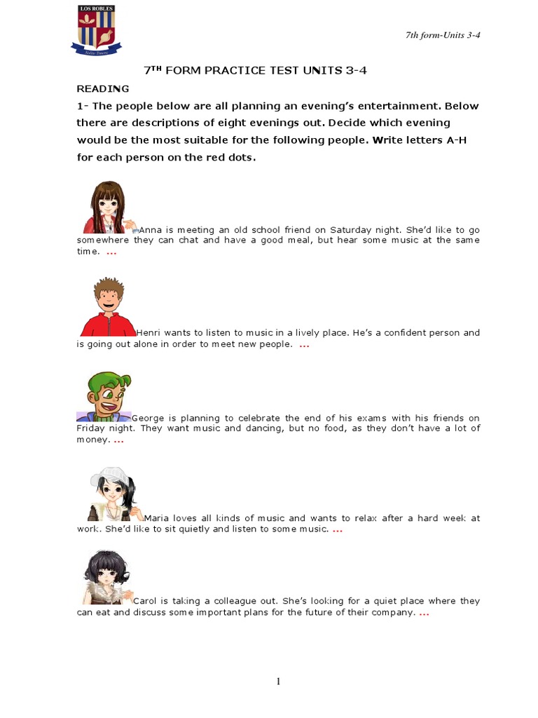 7th Form Practice Test Units 3 4 172248 | PDF | Menu